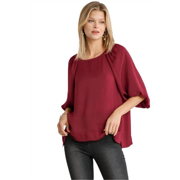 Umgee | Tops | New Umgee Washed Satin Balloon Sleeve Top In Garnet ...
